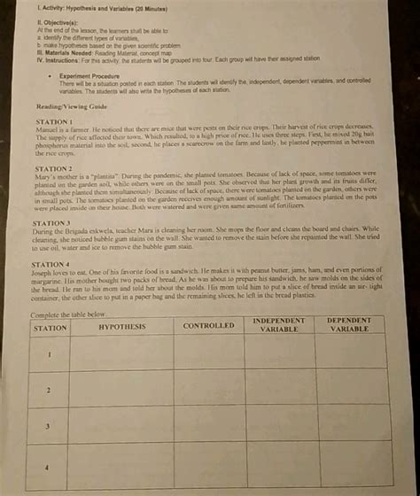 L Activity Hypothesis And Variables Studyx