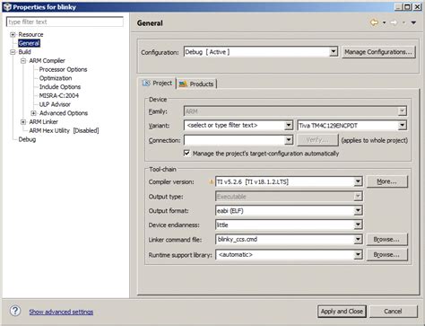 CCS EK TM4C1294XL CCS8 1 0 00011 Project Properties Missing CS Build