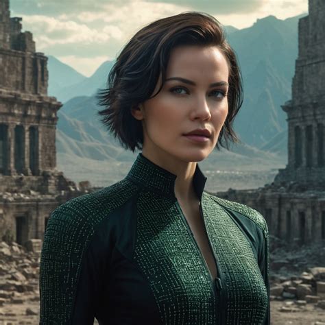 Beautiful Woman In Apocalyptic Landscape Matrix Code Overlay Photo