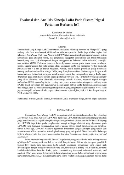 Pdf Evaluasi Dan Analisis Kinerja Lora Pada Sistem Irigasi Pertanian Berbasis Iot