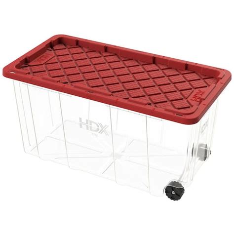HDX 77 Gal Tough Storage Tote With Wheels In Clear With Red Lid 999