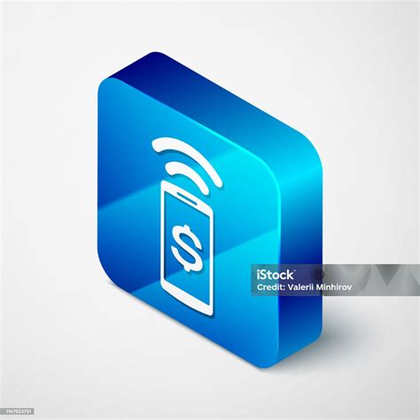 아이소메트릭 비접촉 지불 아이콘 흰색 배경에 고립입니다 모바일 지갑 기술 Nfc 스마트폰으로 무선 결제 파란색 사각형 버튼을