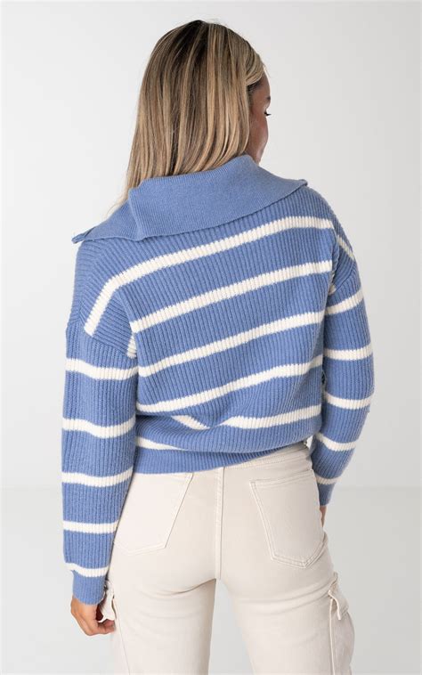 Gestreifter Pullover Mit Reißverschluss Blau Weiß