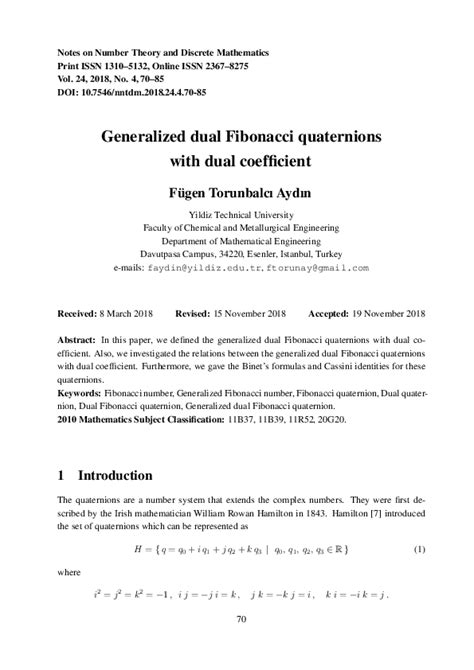 Pdf Generalized Dual Fibonacci Quaternions With Dual Coefficient