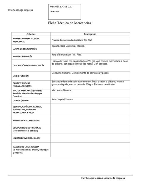 Formato De Ficha Tecnica De Mercancias Pdf