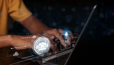 기술을 사용하는 사람 스마트 로봇 Ai 인공 지능을 입력하여 명령 프롬프트를 입력하여 무언가를 생성하고 Ai 기술 인공 지능