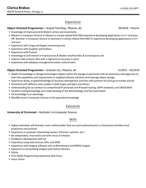 Object Oriented Programmer Resume Samples Velvet Jobs