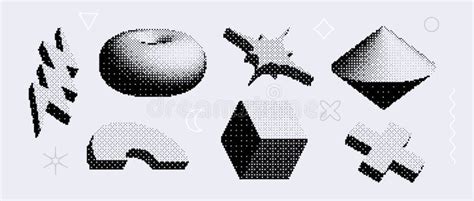 Bitmap Textured Shapes Set Dither Halftone Geometric Objects Collection Stock Illustration