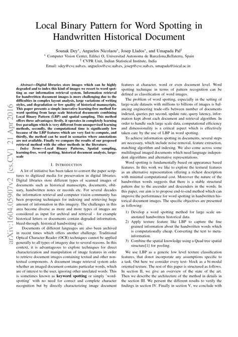 Local Binary Pattern For Word Spotting In Handwritten Historical Document Deepai