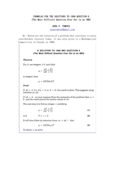 PDF FORMULAS FOR THE SOLUTIONS TO 1988 QUESTION 6 The Most Difficult