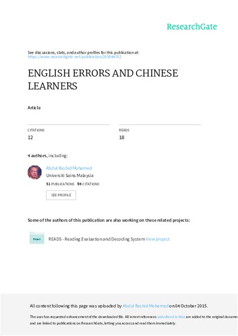 Pdf English Errors And Chinese Learners