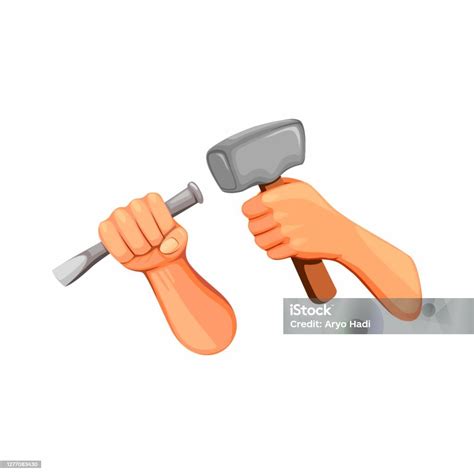 흰색 배경에 고립 된 만화 일러스트 벡터에서 망치와 끌 개념을 들고 손 끌에 대한 스톡 벡터 아트 및 기타 이미지 끌 망치