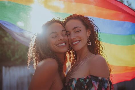 Embracing Love Women Under Rainbow Flag In Sunny Outdoor Setting For