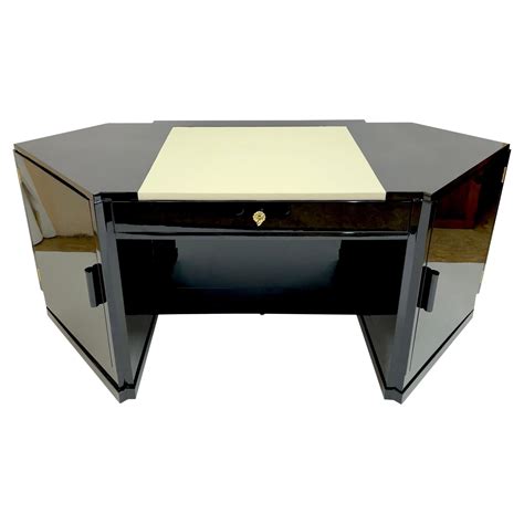 Modernist 1930s French Art Deco Office Desk Black Lacquer And Parchment