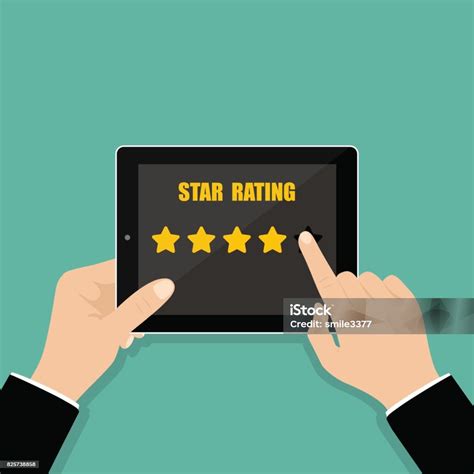 스타를 들고 우리의 애플 리 케이 션 평면 개념을 평가 사업가 손 5 별 태블릿을 보유 하고있다 벡터 일러스트 레이 션 고객에 대한 스톡 벡터 아트 및 기타 이미지 Istock