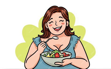 Premium Photo Happy Fat Woman Eat Salad Cartoon Style