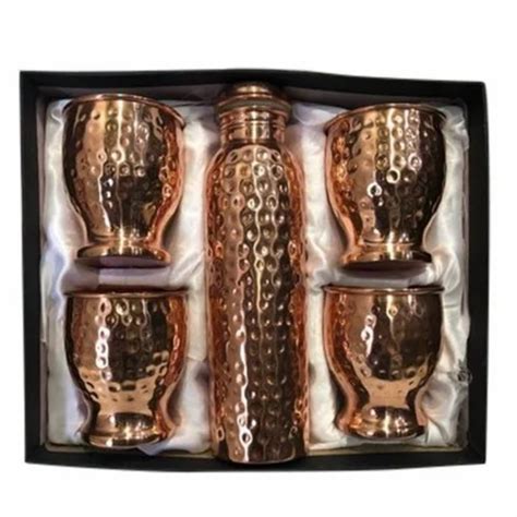 Aditya Shopping Polished Meena Copper Water Bottle With 2glass Set At