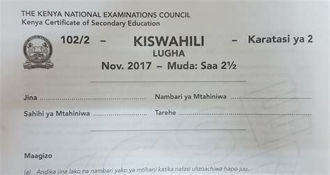 Kcse Kiswahili Paper 2 2017 Exam Questions With Answers Knec Past