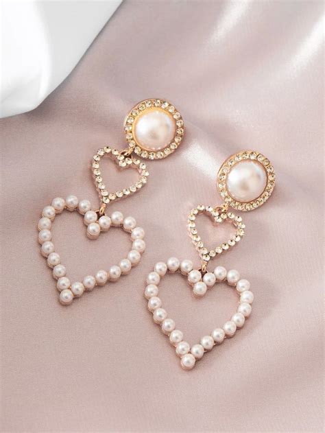 Faux Pearl Heart Drop Earrings Fashion Jewelry Embellished Jewelry