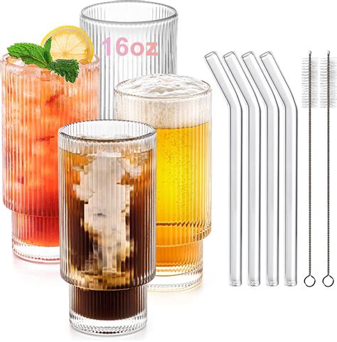 Combler Ribbed Glass Cups With Glass Straws 16 Oz Drinking Glasses