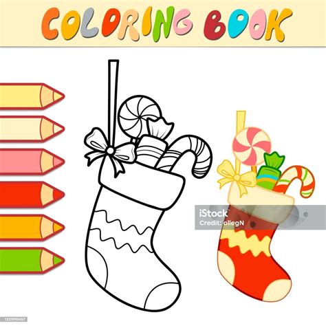 아이들을위한 색칠 공부 또는 색칠 페이지 크리스마스 양말 흑백 벡터 0명에 대한 스톡 벡터 아트 및 기타 이미지 0명 검은색 만화 Istock