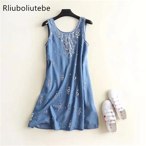 Summer Sleeveless Denim Dress With Sequin Women O Neck Light Blue Denim