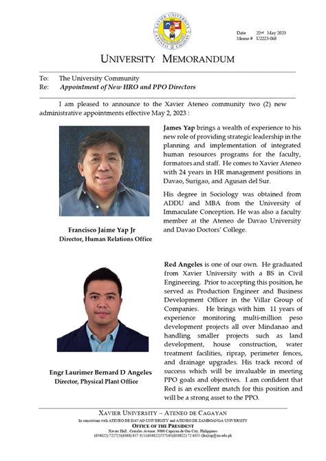 Xavier University Memo U2223 068 Appointment Of New Hro And Ppo