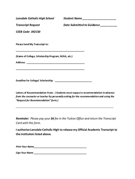 Fillable Online Transcript Requestsguidance And Counseling Fax Email