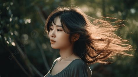 그녀의 턱에 긴 머리를 가진 여름에 사랑스러운 아시아 여자 겨드랑이 털 고화질 사진 사진 말뿐인 배경 일러스트 및 사진 무료 다운로드 Pngtree