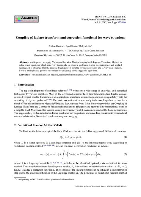 Pdf Coupling Of Laplace Transform And Correction Functional For Wave Equations