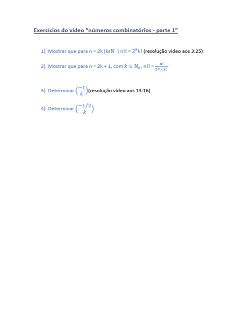 Números Combinatórios Aula 1 Correção Pdf