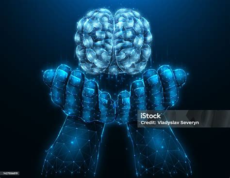 손바닥에 인간의 두뇌의 다각형 벡터 일러스트레이션 상상력 지식 또는 사고 개념 예술 신경계 의료 배너 템플릿 또는 배경 지혜에
