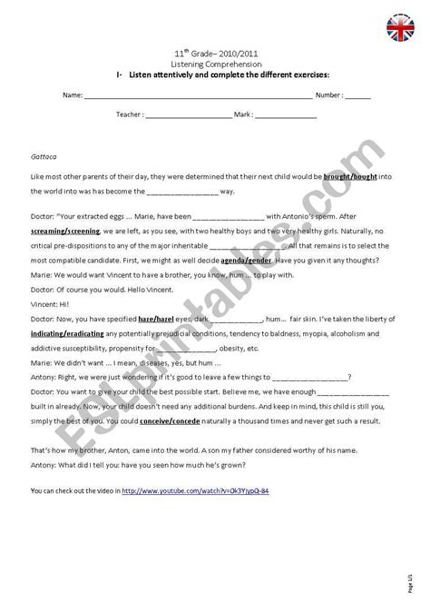 Gattaca Listening Esl Worksheet By Margaridavis