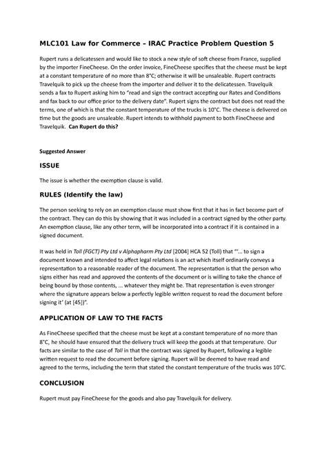 Mlc101 Irac Practice Problem Question 5 Suggested Answer Mlc101 Law For Commerce Irac
