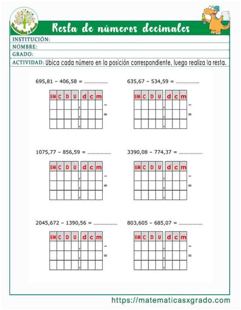 Fichas Con Ejercicios De Restas Con Punto Decimal