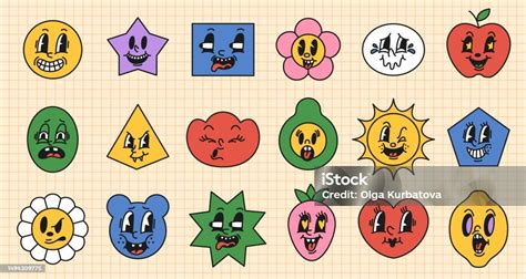 복고풍 얼굴을 가진 모양 재미있는 감정적 캐릭터 오래된 만화 스타일 고무 표정 행복한 컬러 마스코트 행복하고 놀란 이모티콘 만화 하트 꽃과 별 깔끔한 벡터 세트 복고풍에