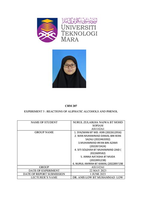 Chm 207 Experiment 5 Chm 207 Experiment 5 Reactions Of Aliphatic Alcohols And Phenol Name Of