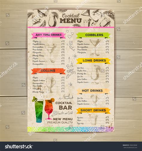 Vintage Cocktail Menu Design Document Template Stock Vektorgrafik