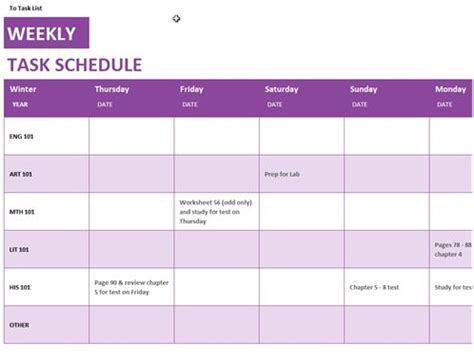 Weekly Task Schedule Schedule Templates Schedule Template List Template