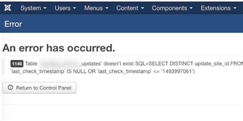 رفع مشکل خطای ۱۱۴۶ Table `updates` Doesnt Exist در جوملا