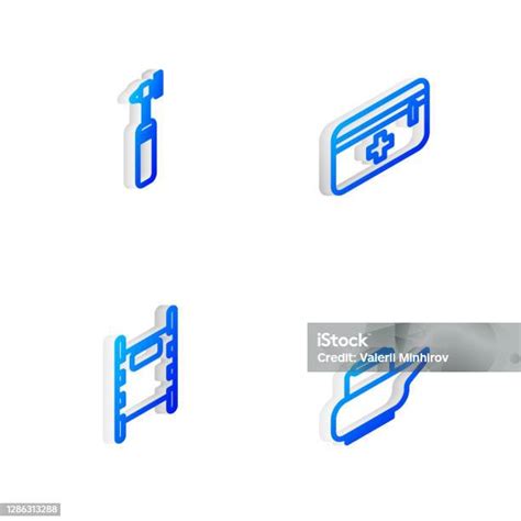 이소메트릭 라인 응급 처치 키트 의료 이경기 도구 들것 및 베드팬 아이콘을 설정합니다 벡터 3차원 형태에 대한 스톡 벡터 아트 및 기타 이미지 Istock