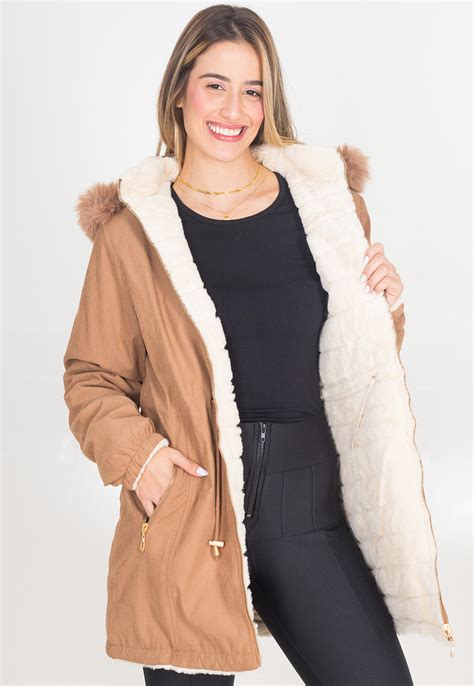 Jaqueta Parka Feminina Sarja Dupla Face Peluciada Capuz