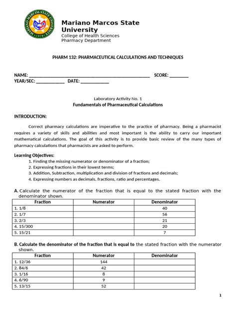 Laboratory Exercise No 1 Fundamentals Of Pharmaceutical Calculations Pdf