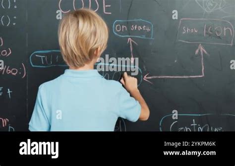 Back View Of Smart Boy Writing Engineering Prompt On Blackboard While