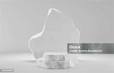 회색 배경에 모양 바위에 거친 질감 가장자리와 슬래브와 흰색 돌 판 연단 깨진 콘크리트 블록 3d 렌더 일러스트레이션 디스플레이 제품을 위한 빈 스테이지 플랫폼 또는 받침대