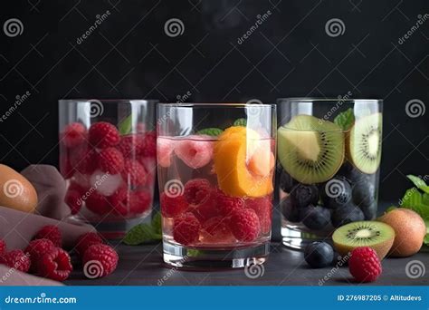 Glass With Mixture Of Fruits And Water For Healthy Refreshing Drink