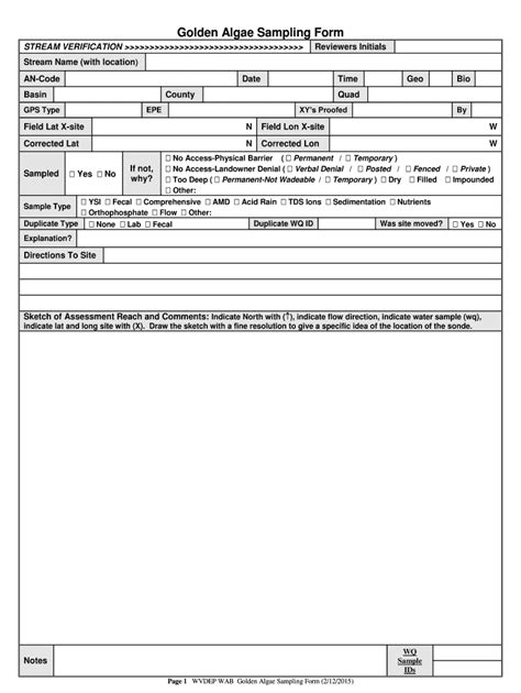 Fillable Online Dep Wv Golden Algae Sampling Form Wv Department Of