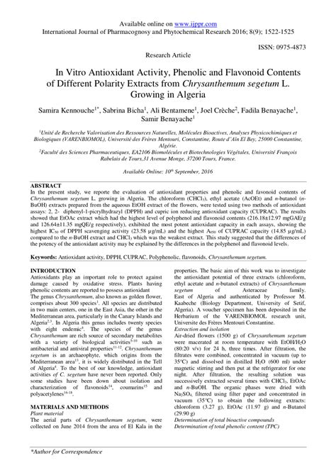 Pdf In Vitro Antioxidant Activity Phenolic And Flavonoid Contents Of Different Polarity