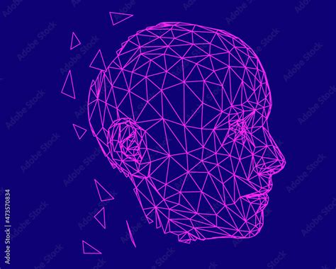 3d Low Poly Wireframe Model Of A Human Head Made Of Triangular Particles Concept Illustration