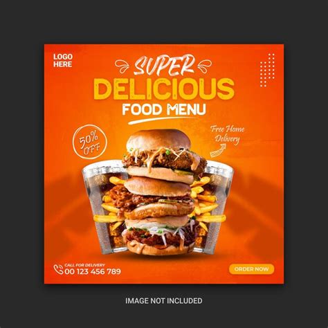 훌륭한 맛있는 버거와 음식 메뉴 소셜 미디어 포스트 템플릿 프리미엄 Psd 파일